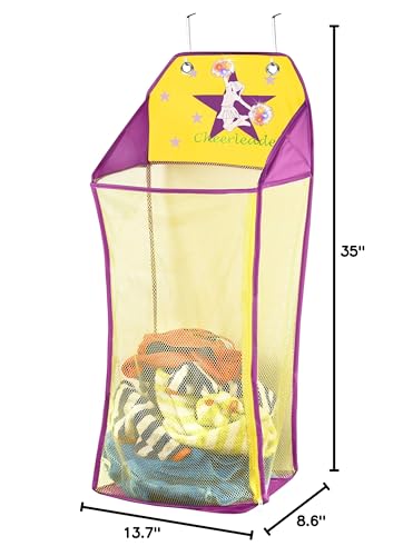 Store & Score Over The Door Hanging Kids Fun LED Cheerleader Light-Up Collapsible Mesh Laundry Hamper, Toy Chest, Heavy Duty Metal Hooks Included. Patent Pending.