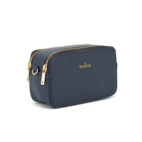 KEDZIE Modernist Vegan Leather Crossbody Shoulder Compact Camera Shape Bag For Women With Adjustable Strap - Navy