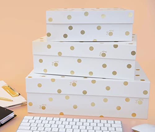 Kate Spade New York Decorative Storage Boxes with Lids, 3 Pack Sturdy Organizer Storage Bins, Includes Small Medium Large Pink Nesting Boxes with Magnetic Closure, Gold Dot with Script