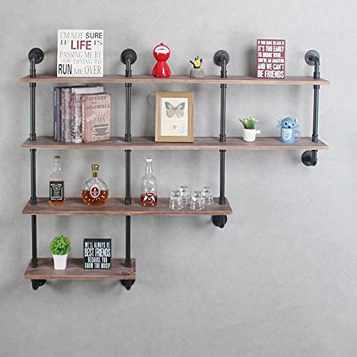 Womio 4-Tiers Industrial Floating Shelves Wall Mounted,63inch Rustic Pipe Shelf for Kitchen or Office Organizer,Real Wood&Metal Wall Shelf,Farmhouse Decorative Bookshelf,Retro Grey