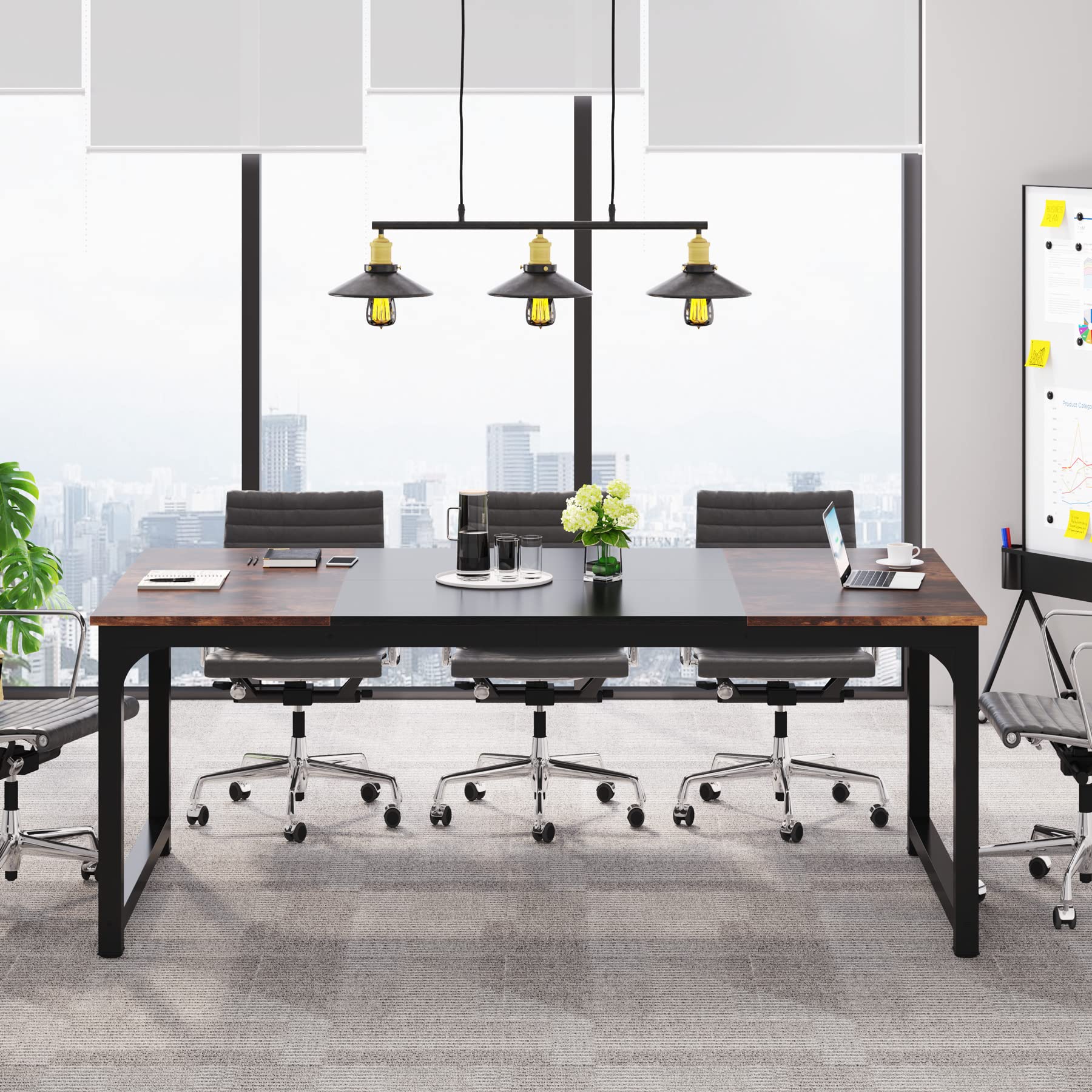 Tribesigns 6FT Conference Table, 70.8" W x 31.5" D Meeting Room Table Boardroom Desk for Office Conference Room, Splicing Board with Metal Frame, Rustic Brown/Black