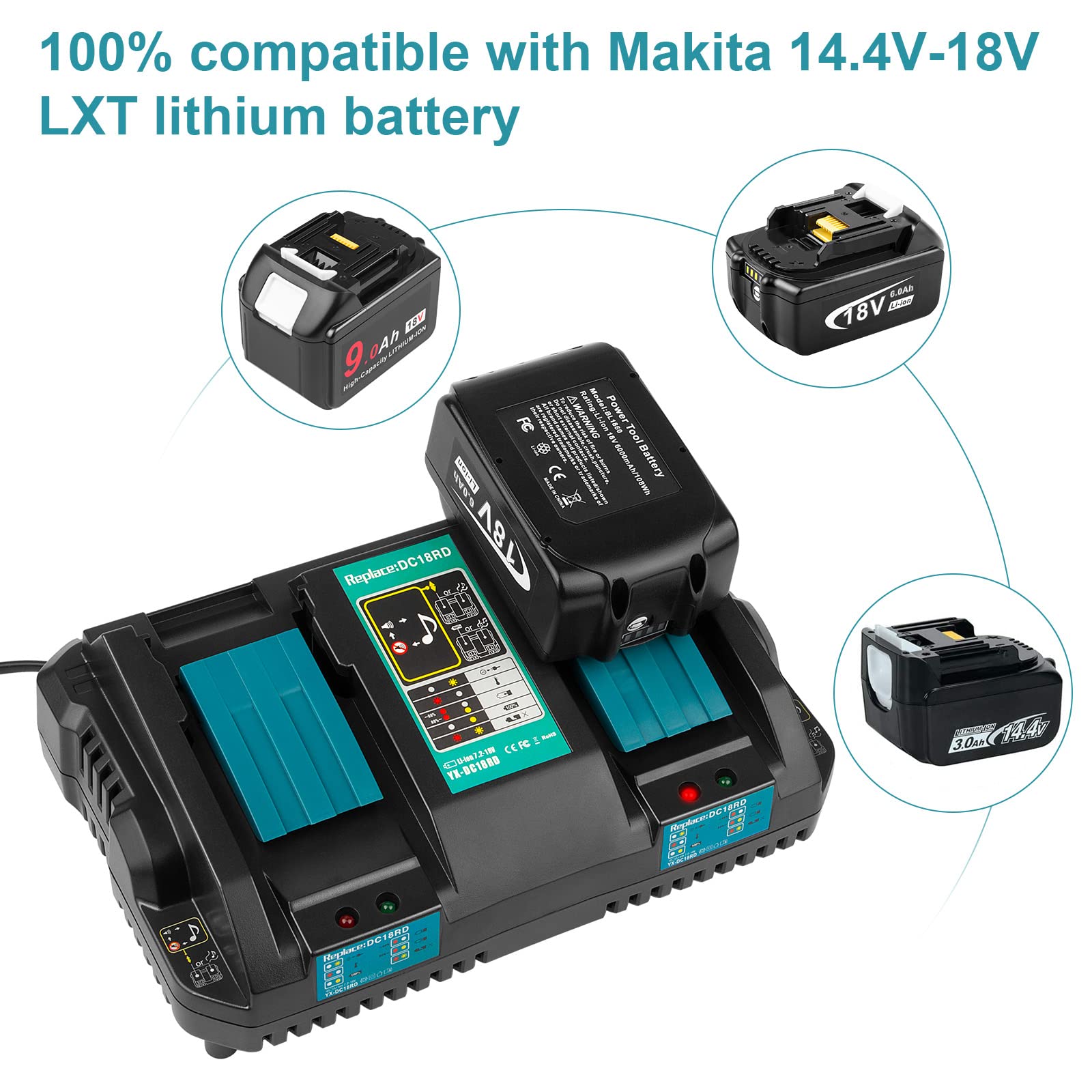 TREE.NB 18V DC18RD Dual Ports Battery Charger, Fast Replacement Charge 4A 120W Lithium-Ion Battery BL1415 BL1430 BL1830 BL1840 BL1850 BL1850B BL1860B, Replace DC18RC DC18SF DC18RT