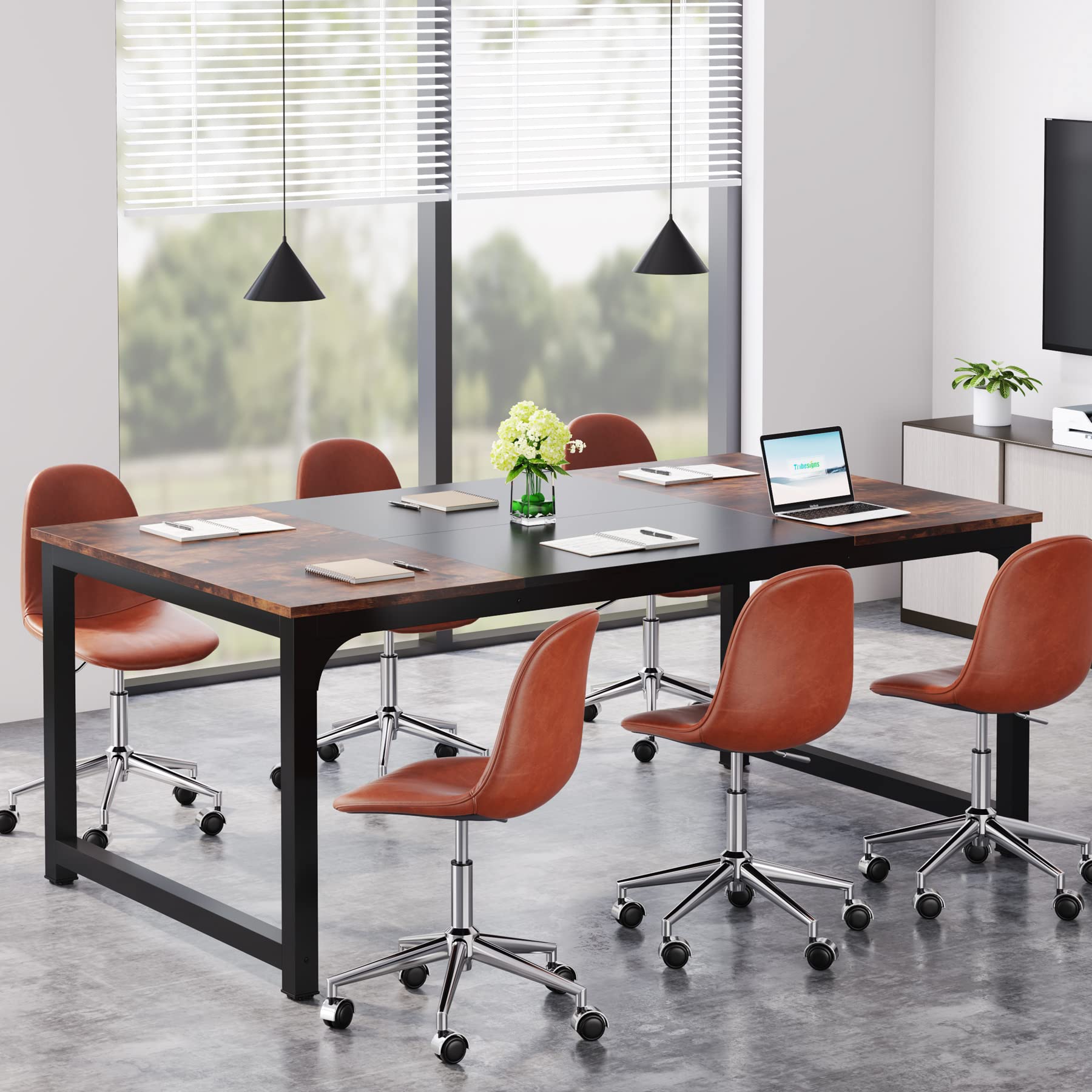 Tribesigns 6FT Conference Table, 70.8" W x 31.5" D Meeting Room Table Boardroom Desk for Office Conference Room, Splicing Board with Metal Frame, Rustic Brown/Black