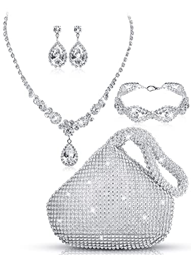 Meanplan 4 Pcs Silver Purse Jewelry Set for Women Rhinestone Wedding Bride Jewelry Prom Evening Party Accessories Silver Clutch Purse (Modern Style)