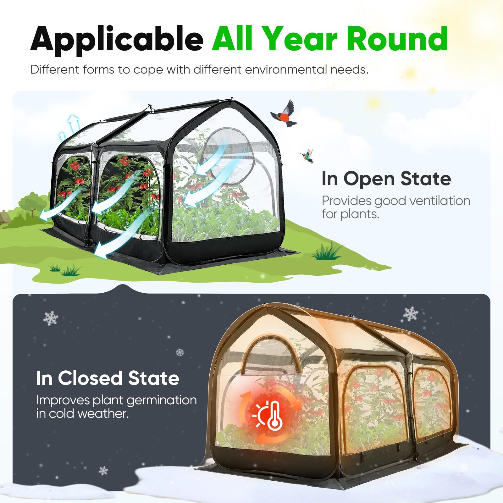 Quictent Greenhouse for Outdoors, Mini Quic-Setup Portable Flower Garden Plant Kit Outside, Heavy Duty Fiberglass Pop-up Frame and Durable Cover W/ Screen Window, 8.2x4.1x4.4 FT, Black