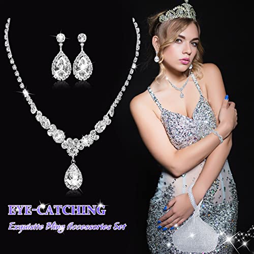 Meanplan 4 Pcs Silver Purse Jewelry Set for Women Rhinestone Wedding Bride Jewelry Prom Evening Party Accessories Silver Clutch Purse (Modern Style)