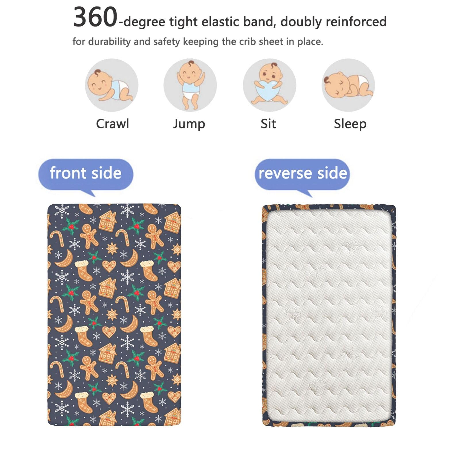 Christmas Fitted Crib Sheet,Gingerbread Man Snowflake Print Pattern,Portable Mini Crib Sheets Soft and Breathable Bed Sheets - Great for Boy or Girl Room or Nursery,24“ x38“,Black Brown
