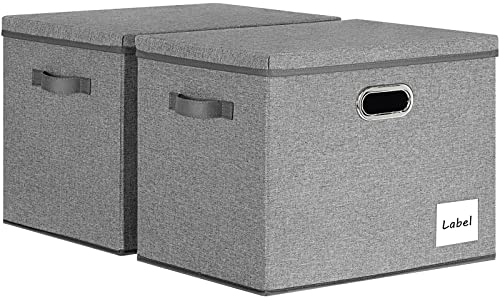 LHZK Extra Large Storage Bins with Lids 16x12x12 Foldable Linen Fabric Storage Boxes with Lids, Decorative Fabric Storage Bins with Label & 3 Handles for Shelves Bedroom Home Office (Grey, 2-Pack)