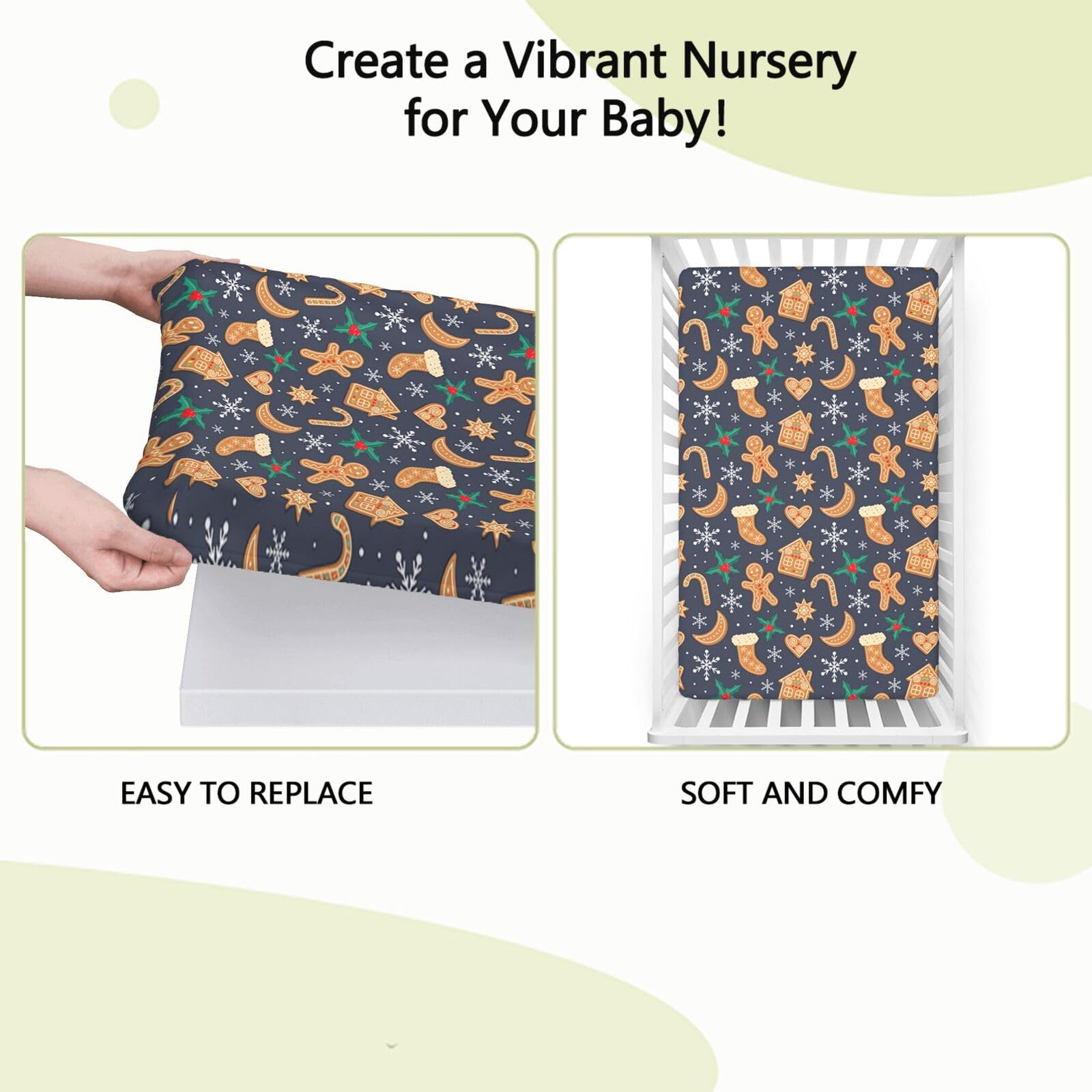 Christmas Fitted Crib Sheet,Gingerbread Man Snowflake Print Pattern,Portable Mini Crib Sheets Soft and Breathable Bed Sheets - Great for Boy or Girl Room or Nursery,24“ x38“,Black Brown