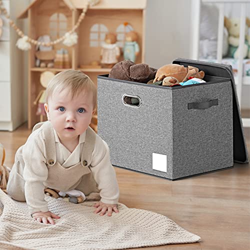 LHZK Extra Large Storage Bins with Lids 16x12x12 Foldable Linen Fabric Storage Boxes with Lids, Decorative Fabric Storage Bins with Label & 3 Handles for Shelves Bedroom Home Office (Grey, 2-Pack)