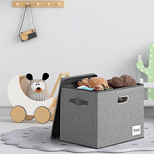 LHZK Extra Large Storage Bins with Lids 16x12x12 Foldable Linen Fabric Storage Boxes with Lids, Decorative Fabric Storage Bins with Label & 3 Handles for Shelves Bedroom Home Office (Grey, 2-Pack)