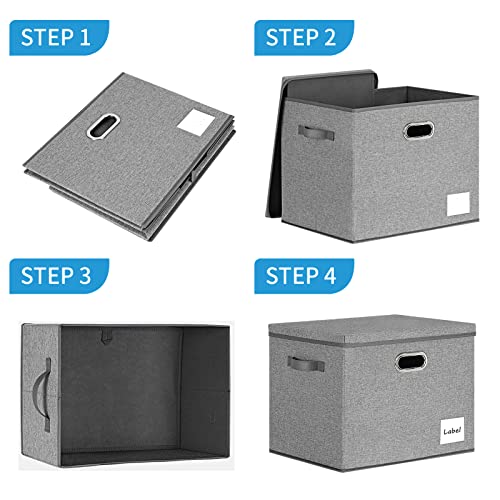 LHZK Extra Large Storage Bins with Lids 16x12x12 Foldable Linen Fabric Storage Boxes with Lids, Decorative Fabric Storage Bins with Label & 3 Handles for Shelves Bedroom Home Office (Grey, 2-Pack)
