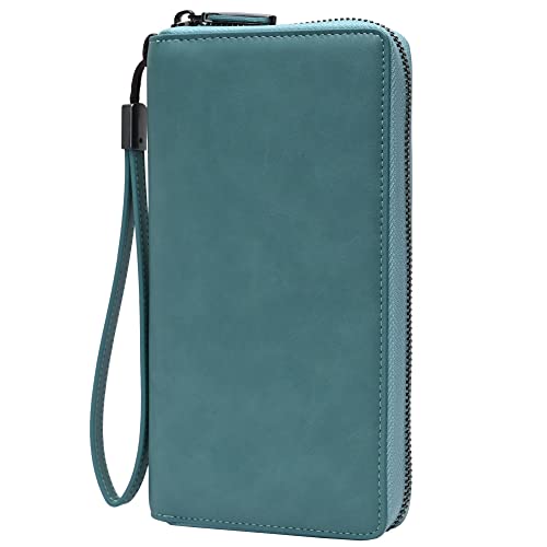 Women's RFID Blocking Leather Zip Around Wallet Large Phone Holder Clutch Travel Purse Wristlet (Purist Blue)