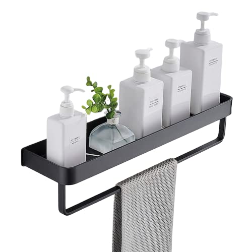 Fippkargo Bathroom Shelf with Towel Bar, Wall Mounted Shower Storage Organizer Holder Rack, Floating Shelf for Bathroom,Kitchen,Toilet 15.7" (Black)