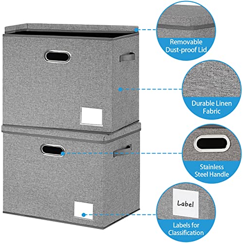 LHZK Extra Large Storage Bins with Lids 16x12x12 Foldable Linen Fabric Storage Boxes with Lids, Decorative Fabric Storage Bins with Label & 3 Handles for Shelves Bedroom Home Office (Grey, 2-Pack)