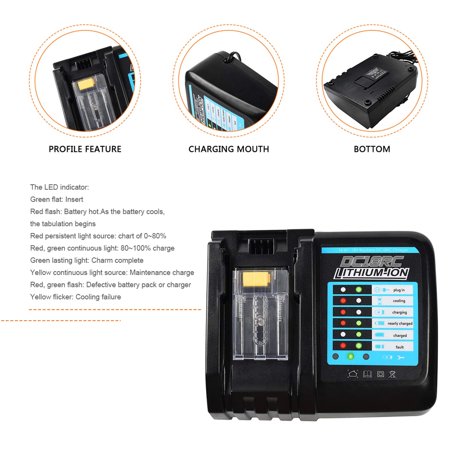 Powtree Lithium Drill Battery Charger DC18RC DC18RD Replacement for 14.4V-18V LXT Battery BL1850 BL1840B BL1820 BL1815 BL1860 BL1430 BL1450 BL1830 with LED Screen