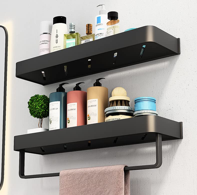 Fippkargo Bathroom Shelf with Towel Bar, Wall Mounted Shower Storage Organizer Holder Rack, Floating Shelf for Bathroom,Kitchen,Toilet 15.7" (Black)