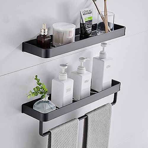Fippkargo Bathroom Shelf with Towel Bar, Wall Mounted Shower Storage Organizer Holder Rack, Floating Shelf for Bathroom,Kitchen,Toilet 15.7" (Black)