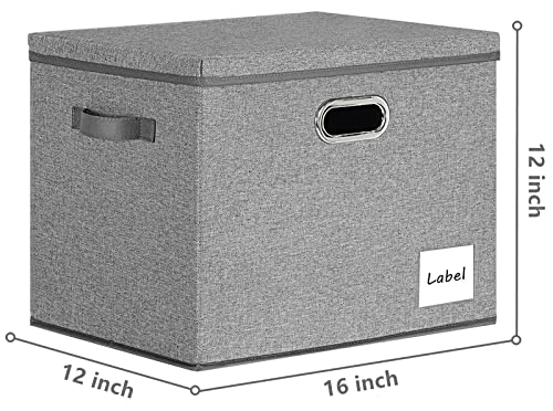 LHZK Extra Large Storage Bins with Lids 16x12x12 Foldable Linen Fabric Storage Boxes with Lids, Decorative Fabric Storage Bins with Label & 3 Handles for Shelves Bedroom Home Office (Grey, 2-Pack)