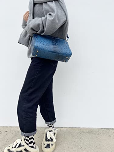 DIOPHY Shoulder Bag Women’s Vegan Leather Crocodile-Embossed Pattern Fashion Shoulder Bag Evening Bag (Navy)