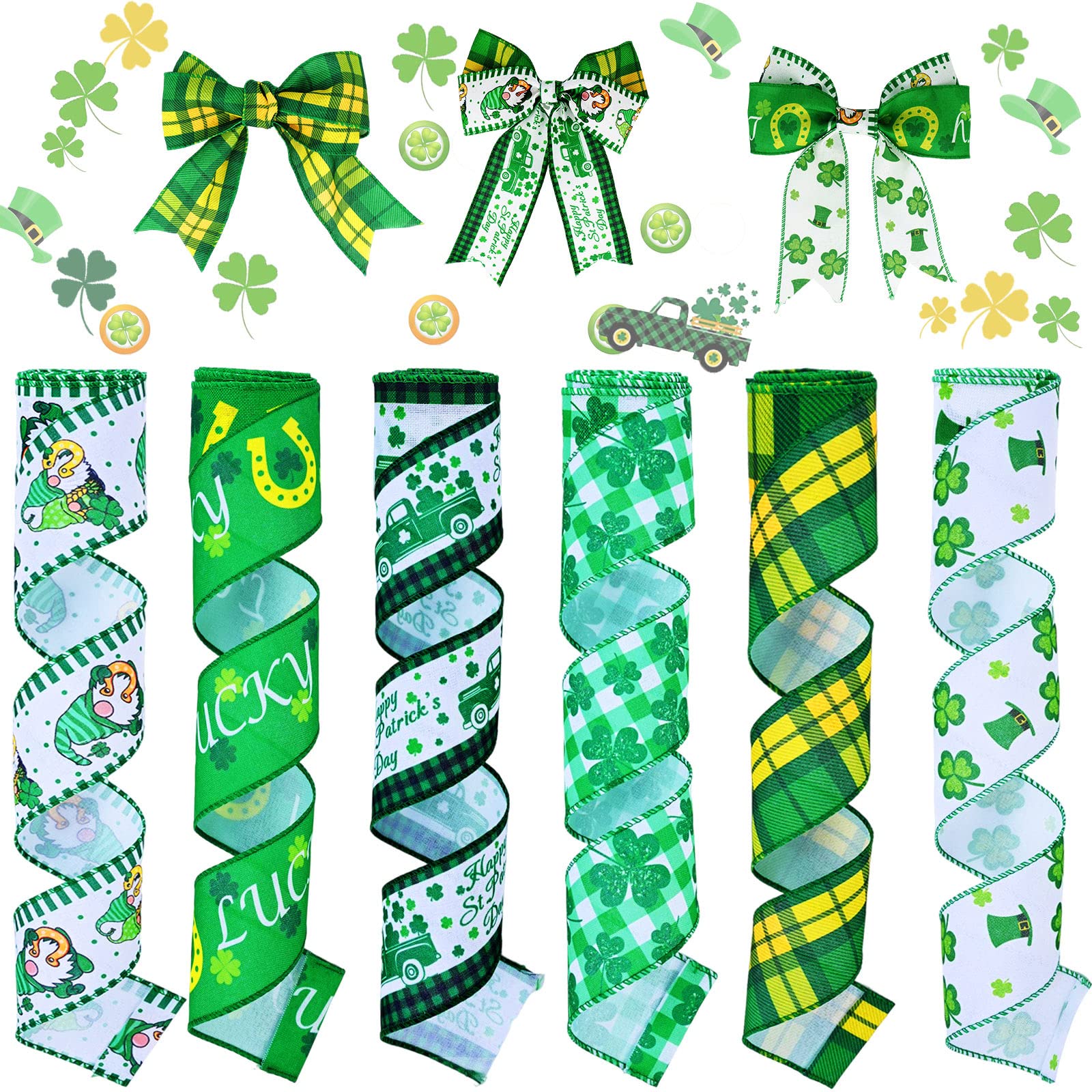 6 Rolls 30 Yards St. Patrick's Day Wired Edge Ribbon Green Buffalo Plaid Ribbon Shamrock Burlap Ribbon Green Hat Wrapping Ribbon for Wrapping Wreath Party Decoration DIY Craft Supplies (White/Green)