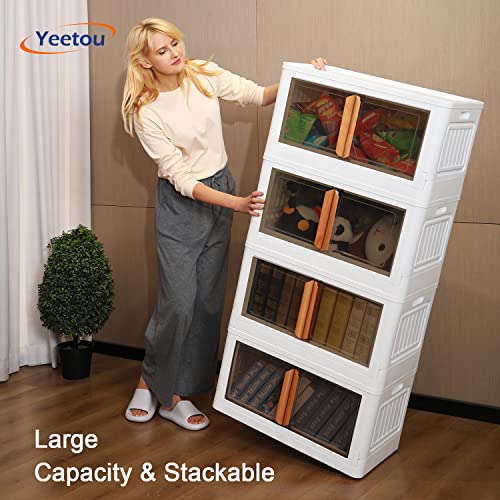 Storage Bins with Lids - 5 Packs Collapsible Storage Bins with Wheels 20 Gal Stackable Plastic Storage Bin Organizer with Double Doors & Secure Buckle, X-Large Storage Containers for Home Organizing Clothes, Clear Tan Color Door(80 Quart/20 Gal)