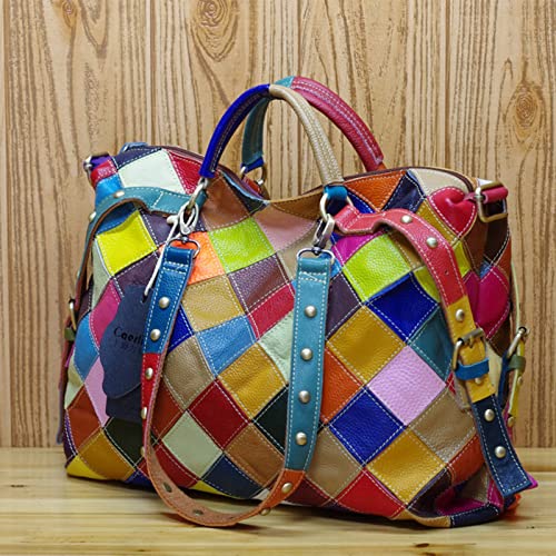 Women's Multicolor Tote Handbag Abstract Design Handbag Genuine Leather Hobo Shoulder Purse, Colors