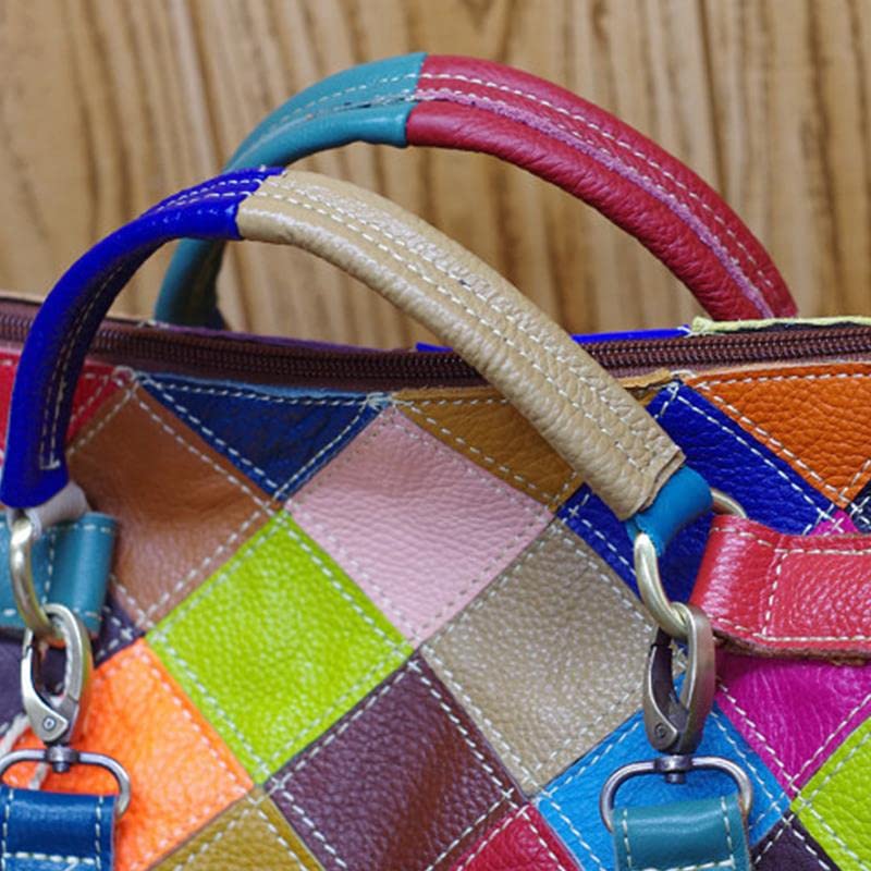 Women's Multicolor Tote Handbag Abstract Design Handbag Genuine Leather Hobo Shoulder Purse, Colors