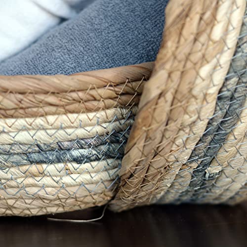 Coastal Grey Stripes 3 Piece Basket Set, Shelf Organizers, Corn Husk Wicker, Chunky Rope Weave, Stitched, Diameter 9.75 Inches