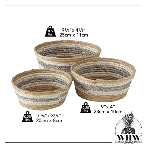 Coastal Grey Stripes 3 Piece Basket Set, Shelf Organizers, Corn Husk Wicker, Chunky Rope Weave, Stitched, Diameter 9.75 Inches