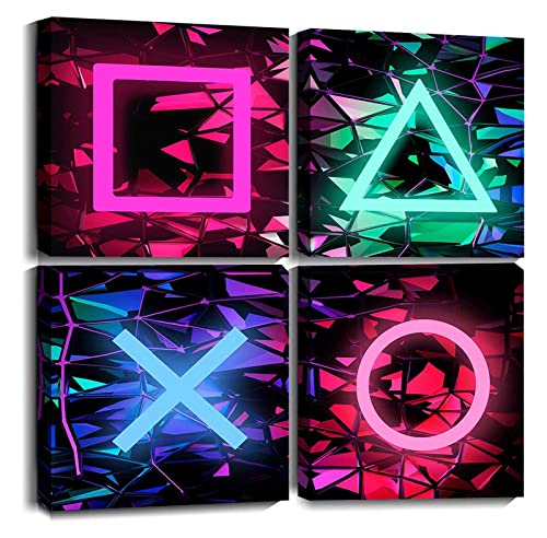 Oilpa Art Gamer Symbol Canvas Wall Art for Gaming Room Wall Decor 12x12 Contemporary Colorful Geometry Video Game Buttons Painting Picture Framed Artwork Boys Room Teens Video Playroom Decor 4 pieces