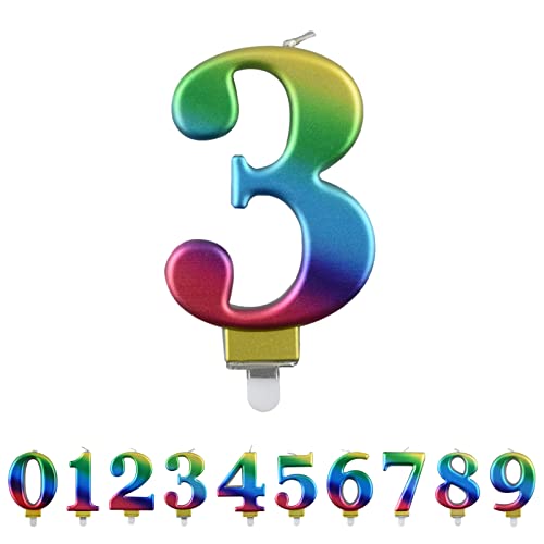 UVTQSSP Birthday Candles Gradient Rainbow Colors Number Candles Big Happy Birthday Wax Cake Topper Decoration for Celebration Kids Adults Birthday Party, Numeral 3