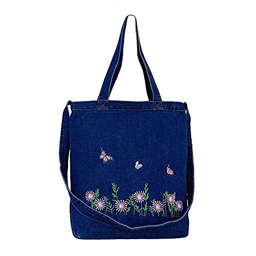 Van Caro Women Denim Purse Blue Jean Bag Fashion Tote Bag Shoulder Bag Handbag Top Handle Satchel Purse,Deep Blue Butterfly