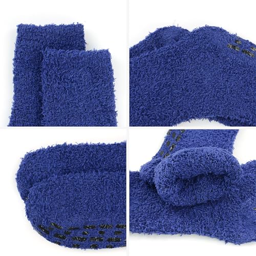 Zando Non Slip Fluffy Socks Warm Fuzzy Socks with Grip Slipper Socks for Men Winter Cozy Socks No Skid Cozy Socks for Men Slipper Socks Hospital Socks Warm Socks 3 A Blue One Size