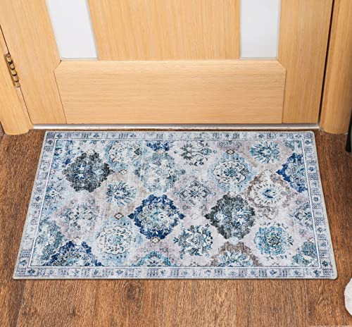 Fashriend FAZ Washable Doormat Boho Chic Medallion Trellis Distressed Non-Slip Foldable Washable Area Rug 2'×3' Stairway Entryway Silver Purple Multi