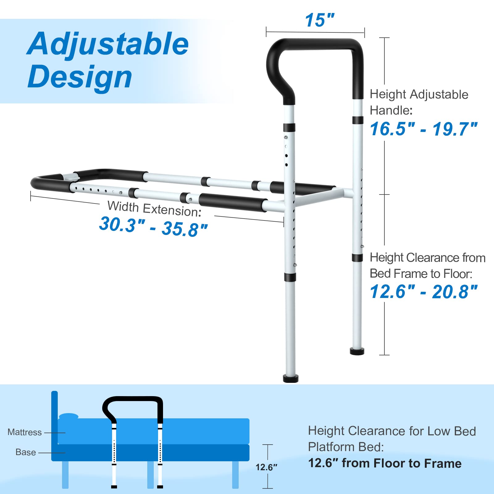 KingPavonini Bed Rails for Elderly Adults Safety - Adjustable Bed Cane with Non-Slip Ergonomic Handle and Storage Pocket, Stable Bed Assist Rails for Seniors Hold up to 300 Lbs, Tool-Free Assembly