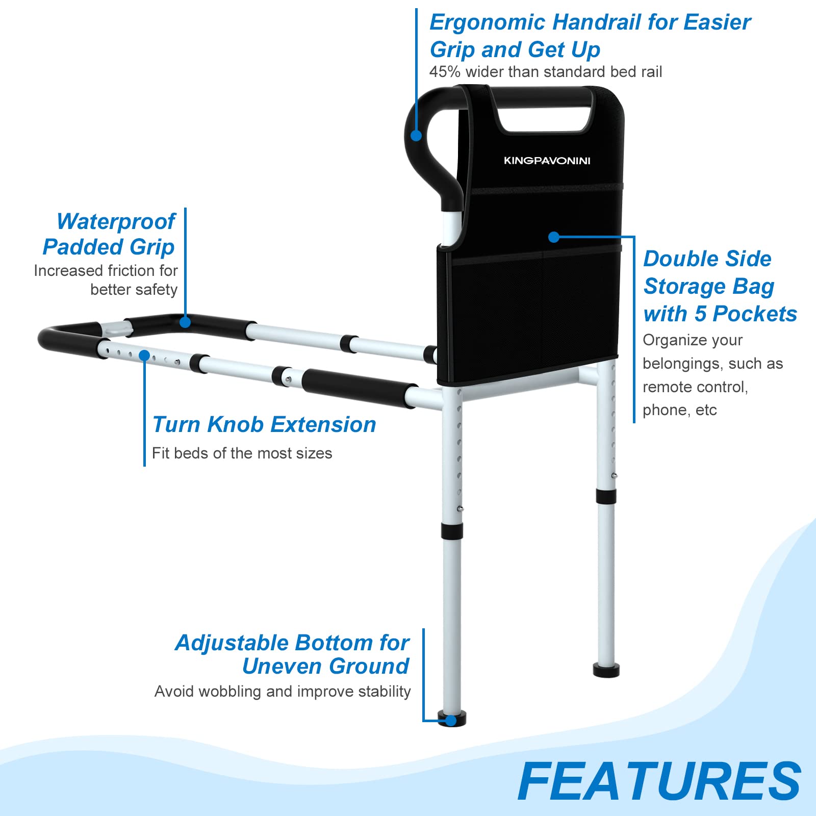 KingPavonini Bed Rails for Elderly Adults Safety - Adjustable Bed Cane with Non-Slip Ergonomic Handle and Storage Pocket, Stable Bed Assist Rails for Seniors Hold up to 300 Lbs, Tool-Free Assembly