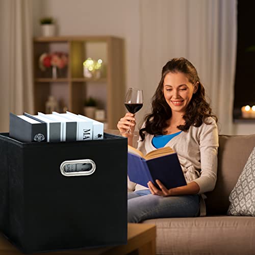 SEVENDOME Black Fabric Storage Bins,13 Inch Cube Organizer Bins,Fabric Organizer Bins Foldable Storage Bins Basket with Dual Handles and Storage Box,Set of 3,Black