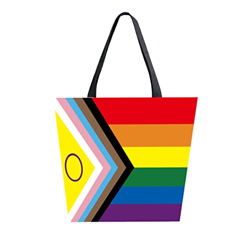 Rainbow Flag Tote Bag，Women Shoulder Bag Handbag， Intersex Inclusive Progress Pride Flag Canvas Tote Bag,Crossbody Handbag