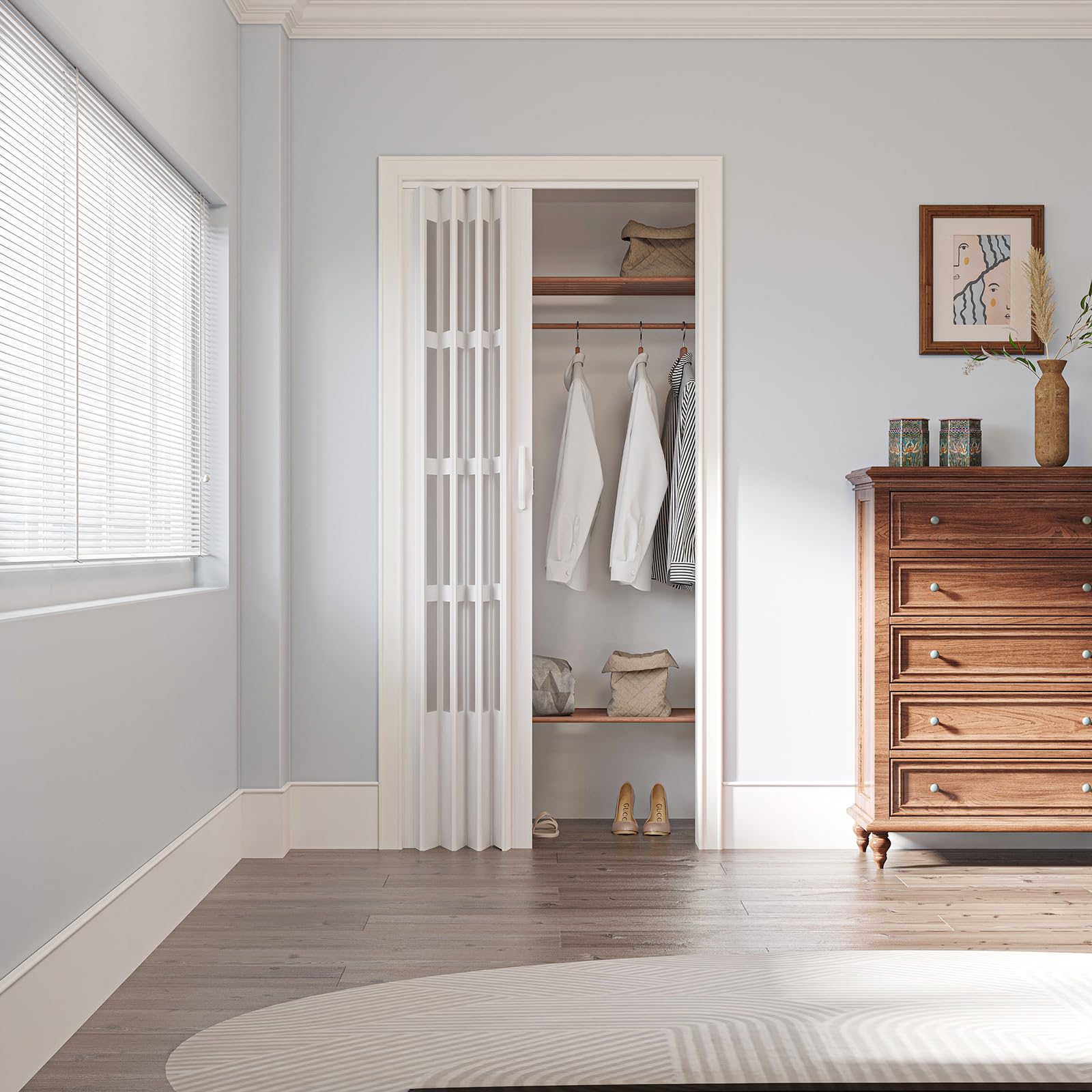 38.5" x 80" Accordion Doors 4-Lite Frosted Acrylic with PVC Panels Bifold Closet Door Hardware Kit Included, Folding Doors with 2 Handles for Closet Bathroom Doorways