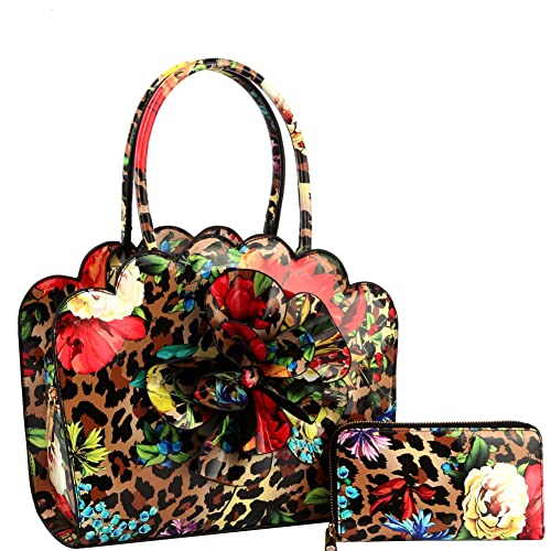 3D Flower Applique Floral Leopard Print Patent Vegan Leather Satchel Handbag Wallet Set (Flower/Leopard Print - Brown)