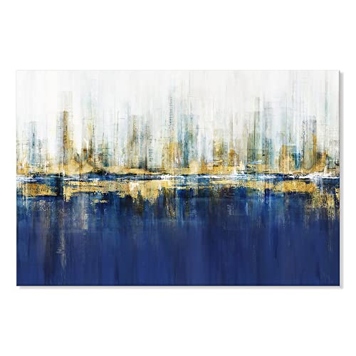 7Fisionart Abstract Wall Art Indigo Blue Canvas Paintings Gold Cityscape Modern Skyline Large Size Picture Artwork Framed for Living Room Bedroom Home Office Wall Decor 36"x24"