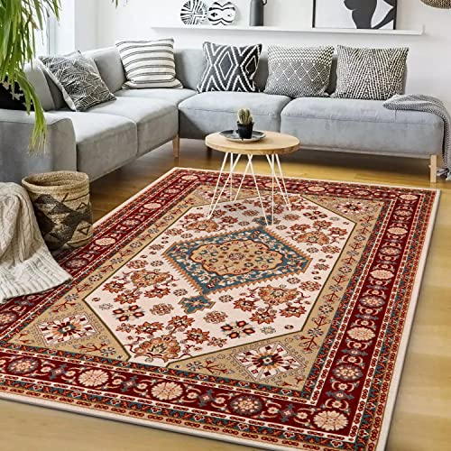 Traditional Collection Oriental Area Rug, 5’ x 6.6’ Non-Slip Washable Rugs for Living Room, Red Medallion Nursery Room Apartment Bedroom Rug Large Carpet for Dining Room Studio Office