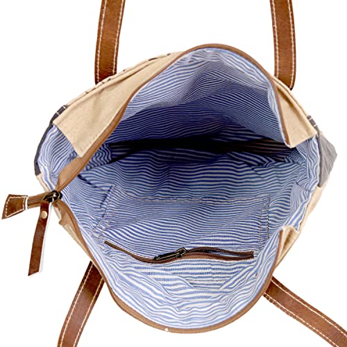 Ruzioon Upcycled Canvas & Cowhide Tote Bag, Upcycled Canvas & Leather Shoulder Bag, Upcycled Canvas Hand Bag for Women’s