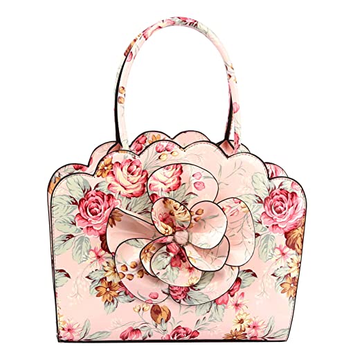 3D Flower Applique Floral Leopard Print Patent Vegan Leather Satchel Handbag Wallet Set (Flower/Leopard Print - Brown)