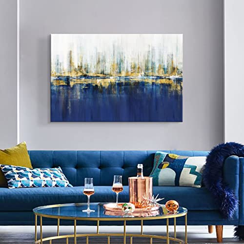 7Fisionart Abstract Wall Art Indigo Blue Canvas Paintings Gold Cityscape Modern Skyline Large Size Picture Artwork Framed for Living Room Bedroom Home Office Wall Decor 36"x24"