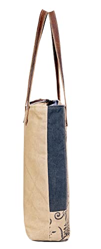 Ruzioon Upcycled Canvas & Cowhide Tote Bag, Upcycled Canvas & Leather Shoulder Bag, Upcycled Canvas Hand Bag for Women’s