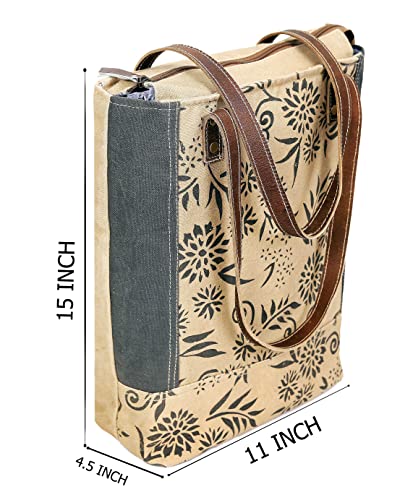 Ruzioon Upcycled Canvas & Cowhide Tote Bag, Upcycled Canvas & Leather Shoulder Bag, Upcycled Canvas Hand Bag for Women’s