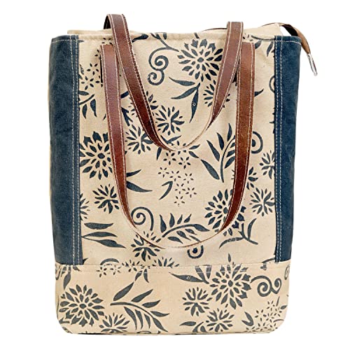 Ruzioon Upcycled Canvas & Cowhide Tote Bag, Upcycled Canvas & Leather Shoulder Bag, Upcycled Canvas Hand Bag for Women’s