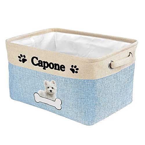 Personalized Dog Maltese Bone Decorative Storage Basket Fabric Durable Rectangle Toy Box with 2 Handles for Organizing Closet Garage Clothes Blankets Blue and White